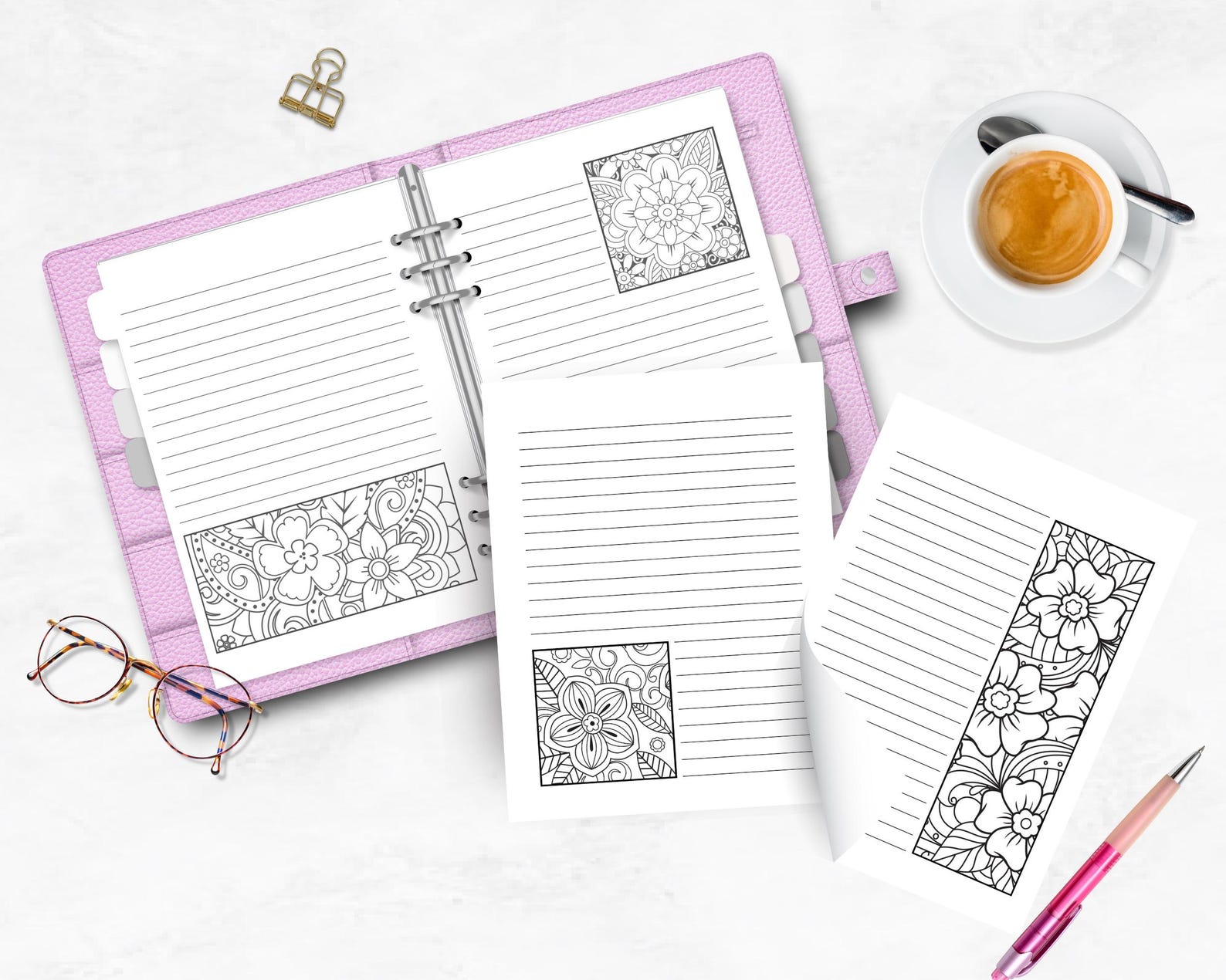 Colouring Journal Pages, Printable Lined Page, Floral Design ...