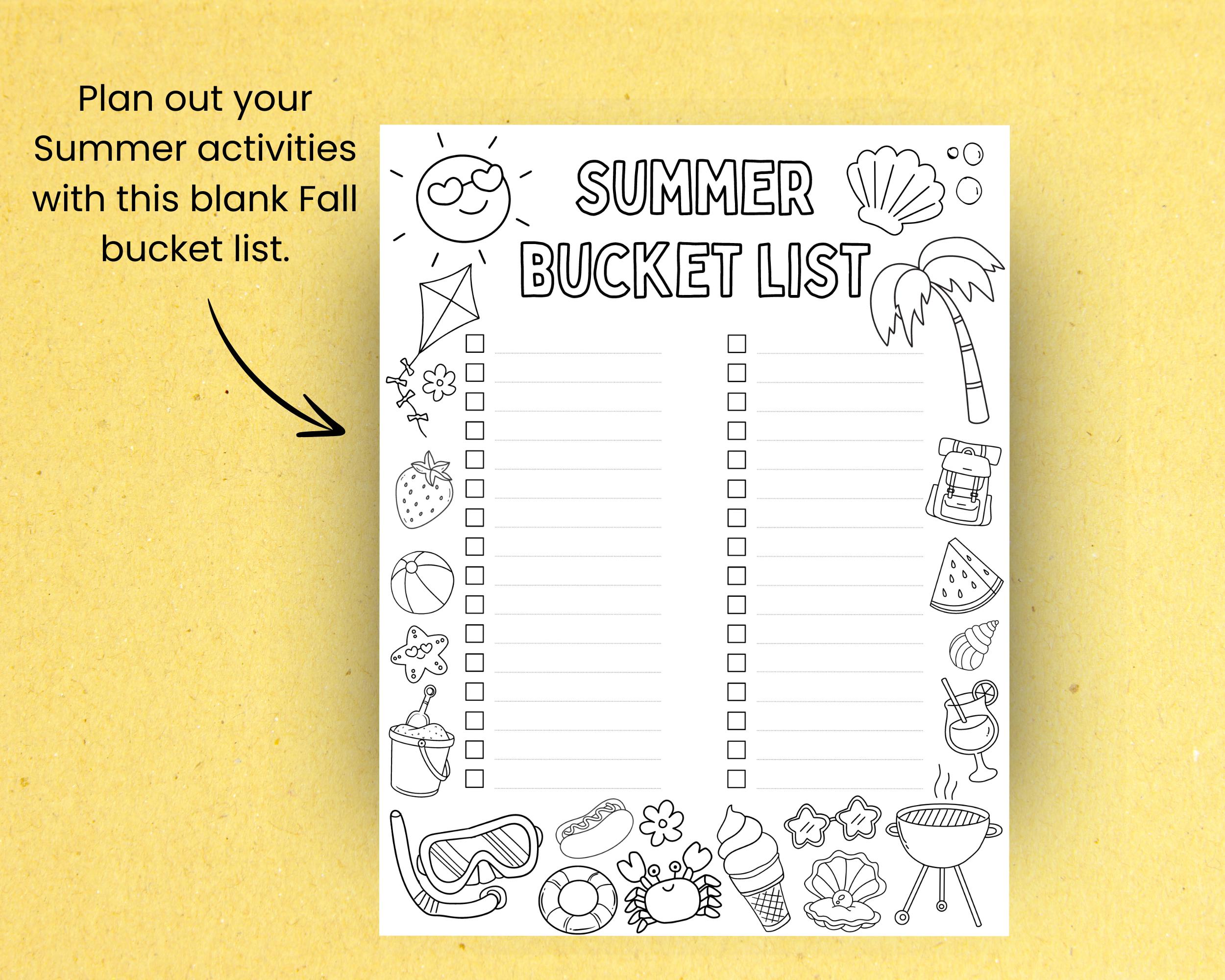 Summer Bucket List, Printable Summer Activities, Coloring Page, Holiday ...