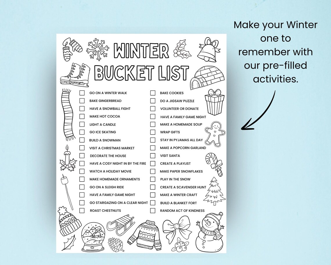 Winter Bucket List, Printable Winter Activities, Coloring Page ...