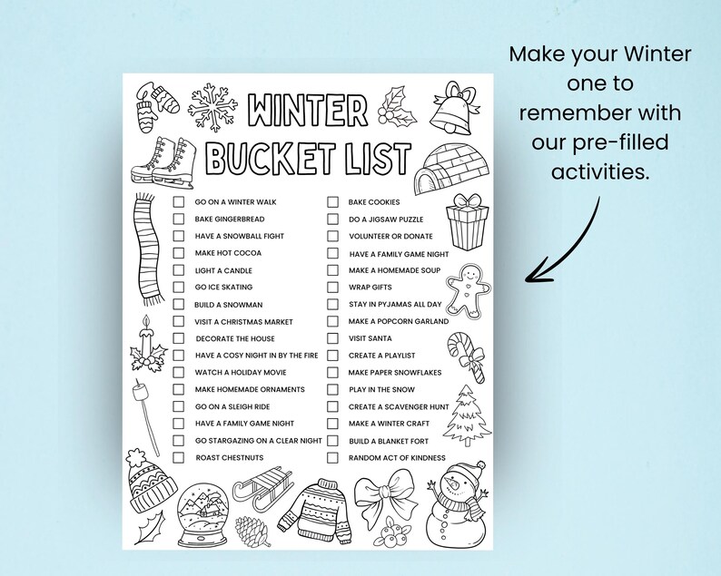 Winter Bucket List, Printable Winter Activities, Coloring Page ...