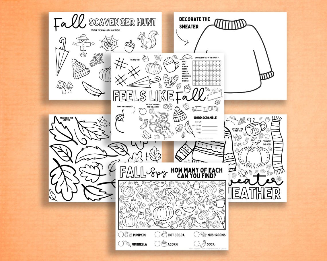 Fall Activity Placemat, Printable Coloring Sheet, Fall Activities for ...