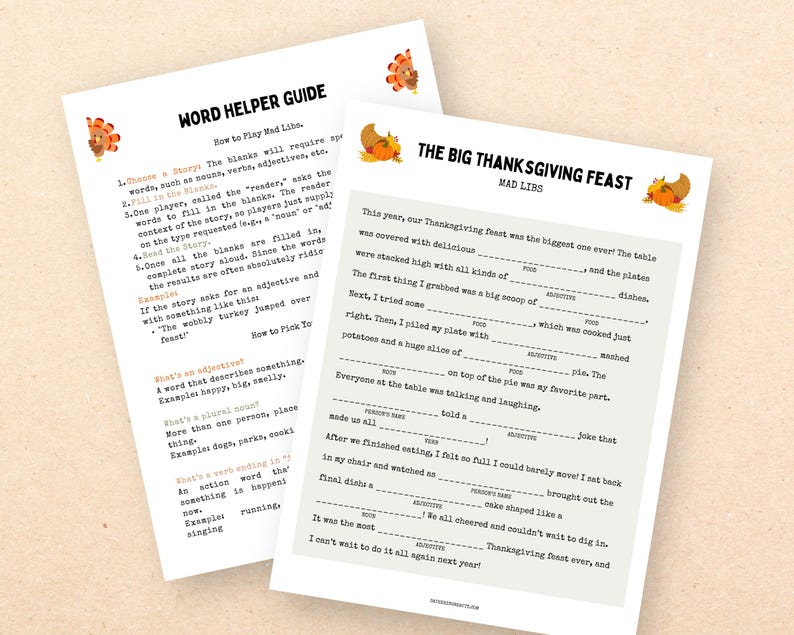 Thanksgiving Mad Libs, Printable Game, Mad Lib PDF, Turkey Story, Fill ...