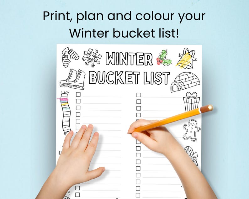 Winter Bucket List, Printable Winter Activities, Coloring Page ...