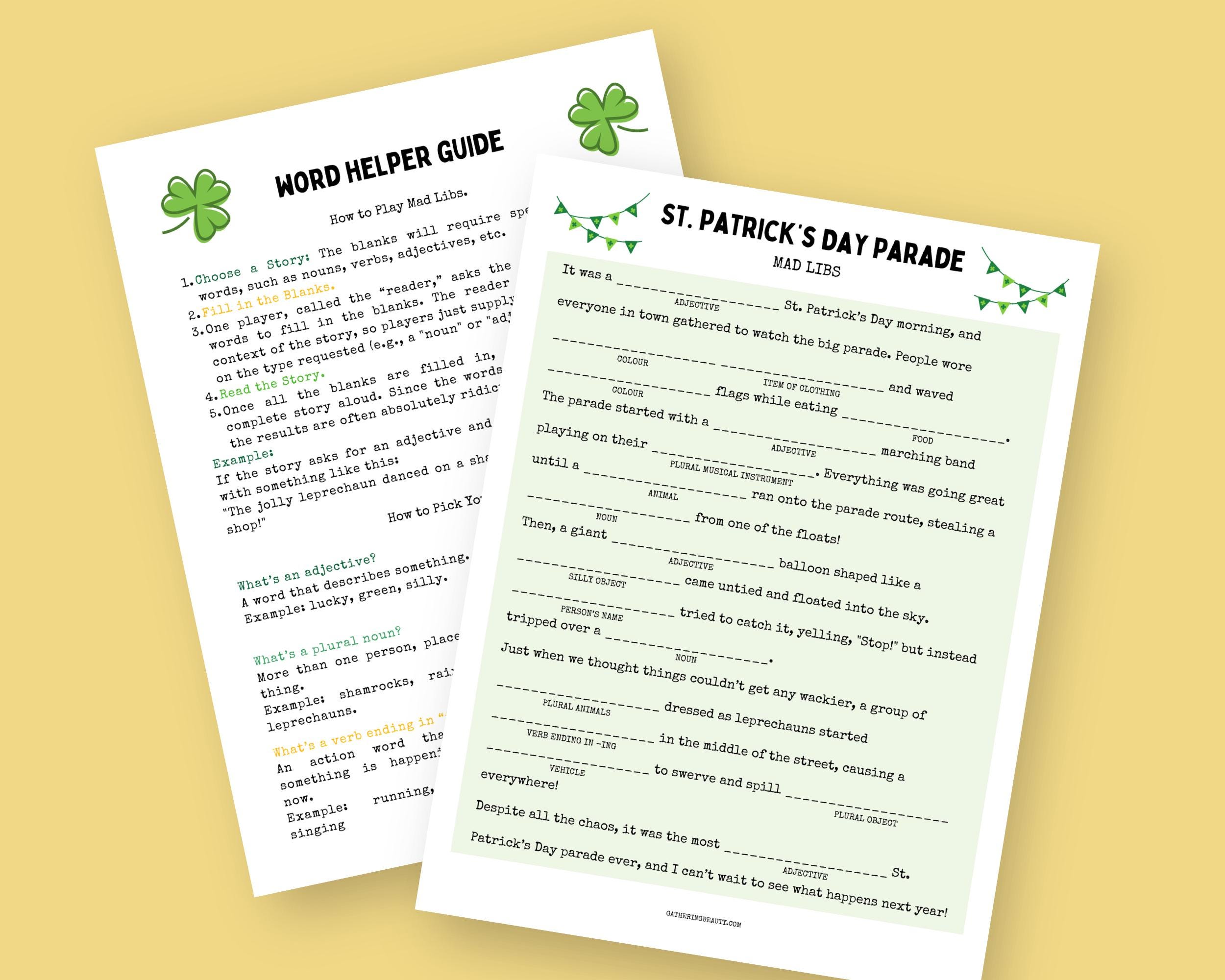 St Patrick's Day Mad Libs, Printable Game, Mad Lib PDF, Paddys Day ...