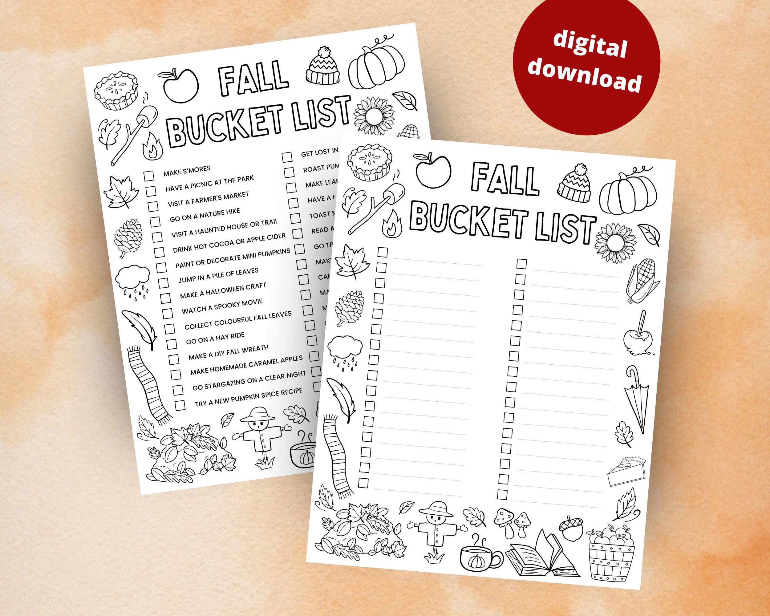 Fall Bucket List, Printable Autumn Activities, Coloring Page, Fall to ...