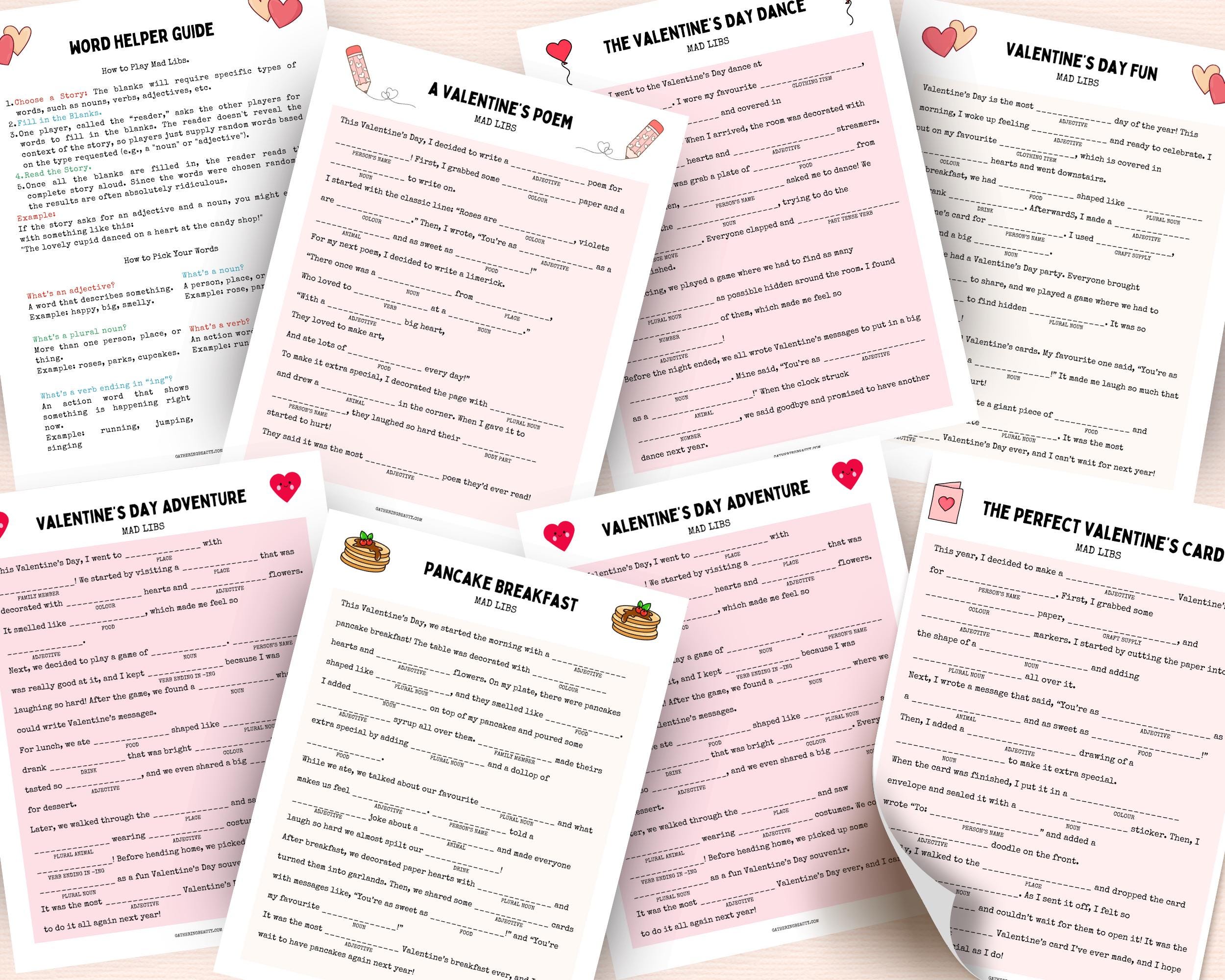 Valentine Mad Libs, Printable Game, Mad Lib PDF, Valentine's Day Story ...