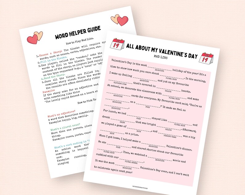 Valentine Mad Libs, Printable Game, Mad Lib PDF, Valentine's Day Story ...