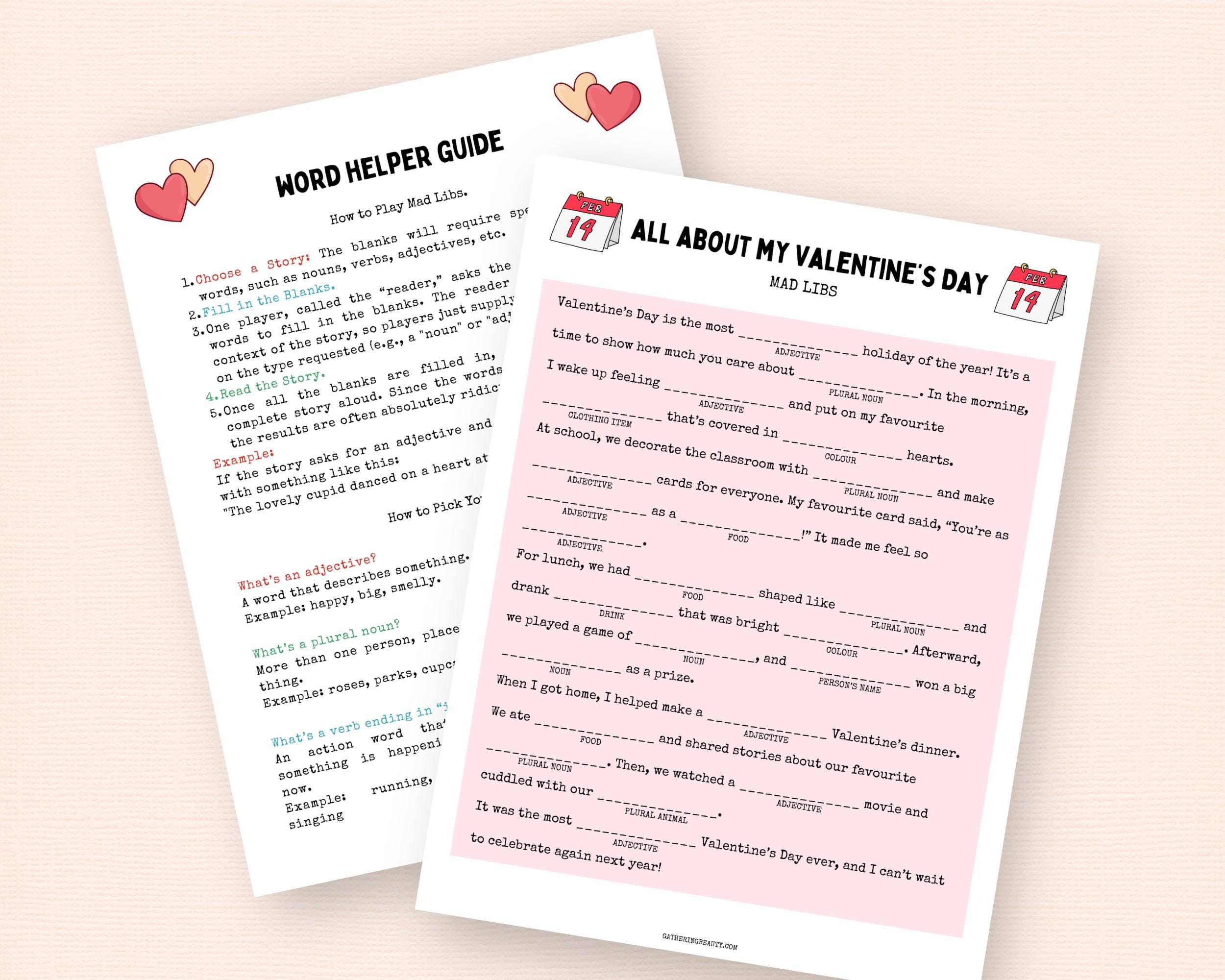 Valentine Mad Libs, Printable Game, Mad Lib PDF, Valentine's Day Story ...