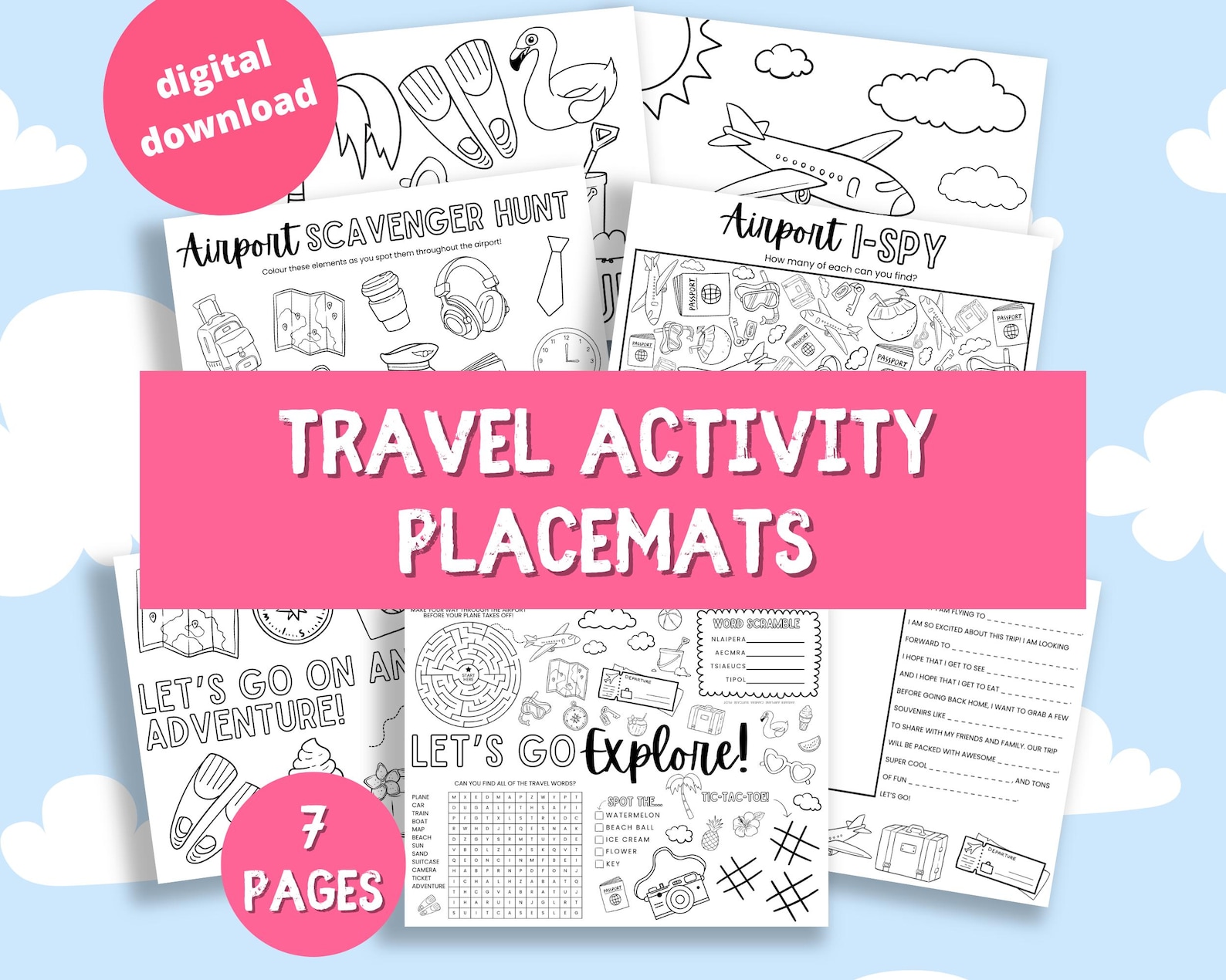 Printable Travel Activity Placemats - Airport Activity Sheets - Plane ...