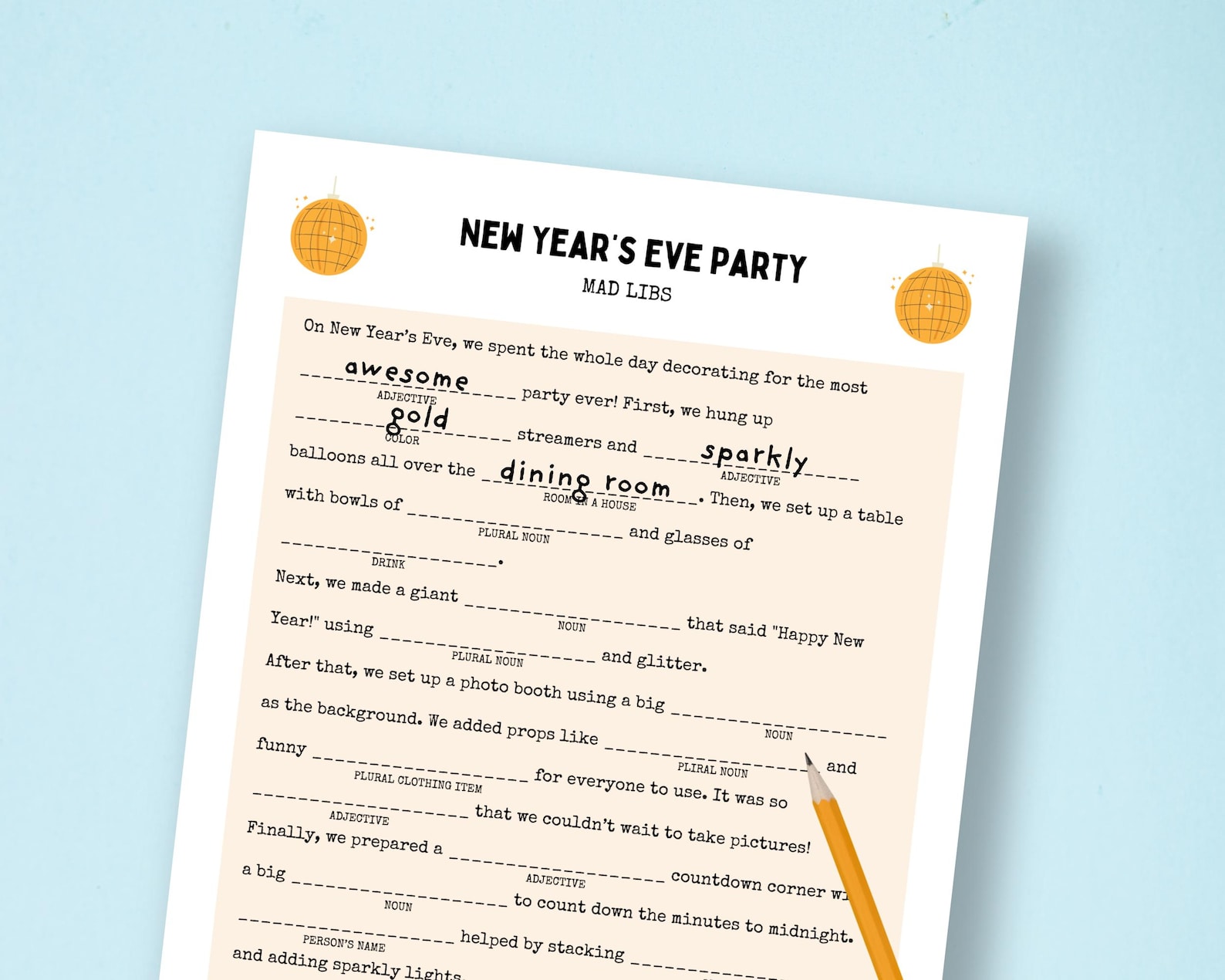 New Year's Eve Mad Libs, Printable Game, Mad Lib PDF, Holiday Story ...