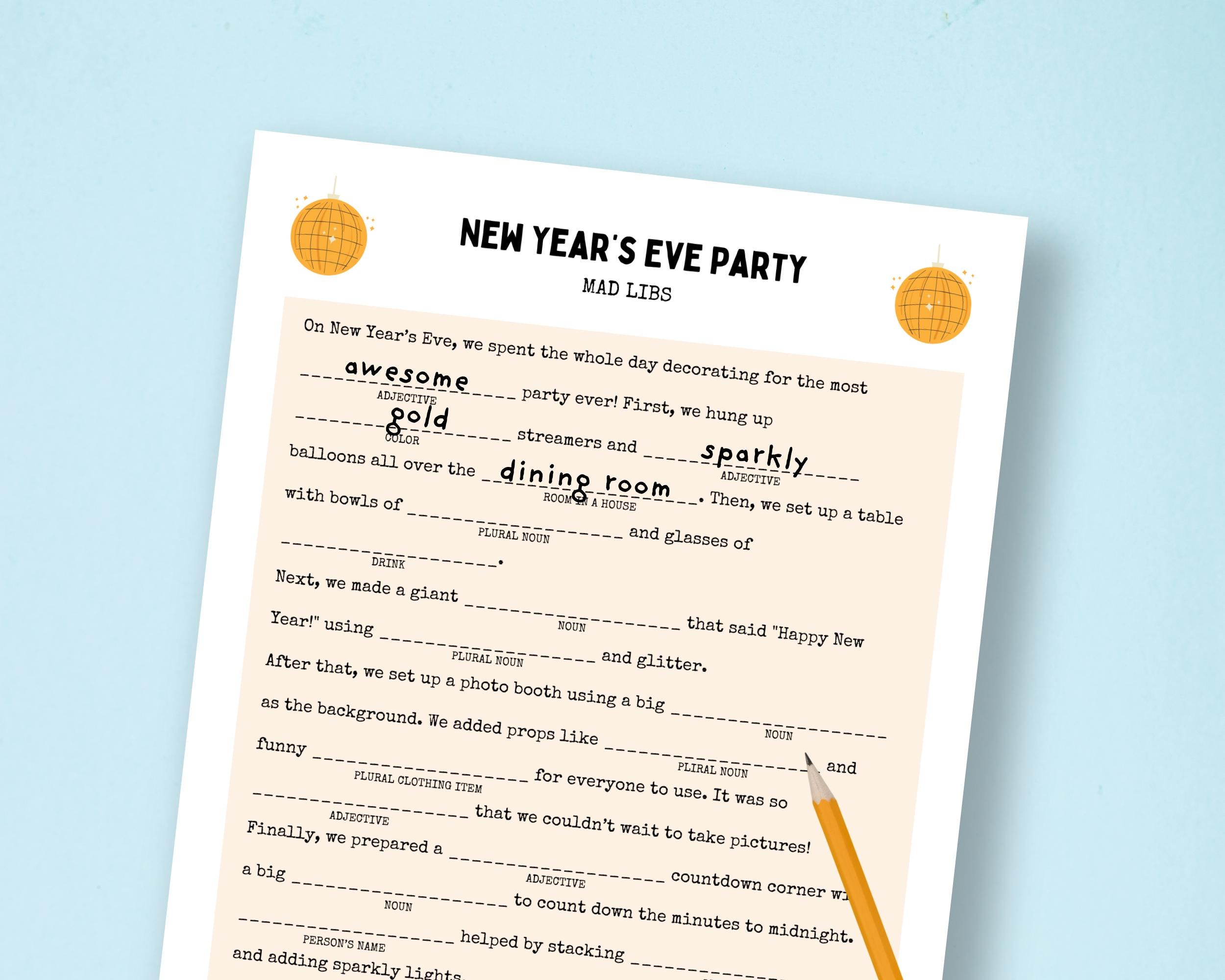 New Year's Eve Mad Libs, Printable Game, Mad Lib PDF, Holiday Story ...