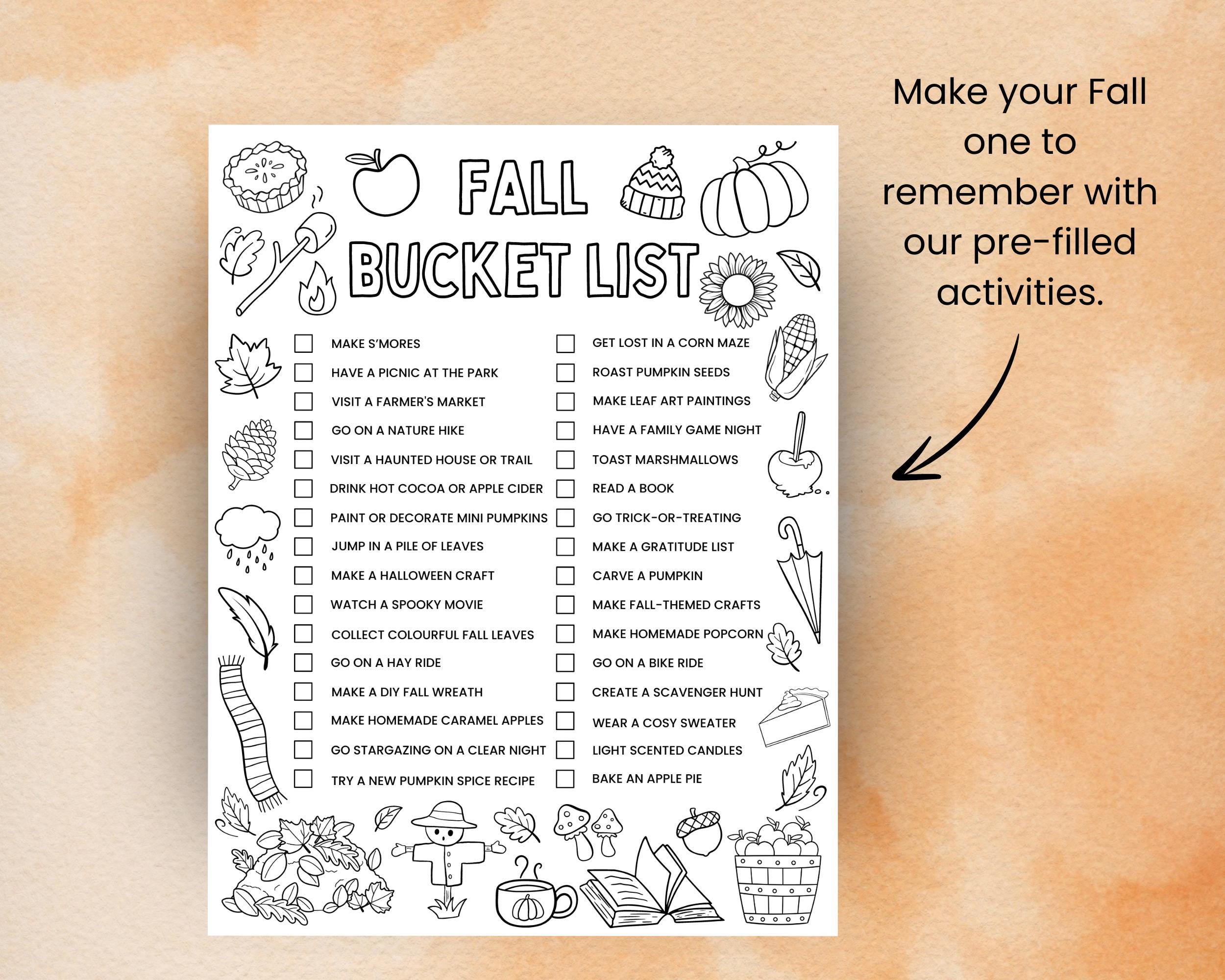 Fall Bucket List, Printable Autumn Activities, Coloring Page, Fall to ...