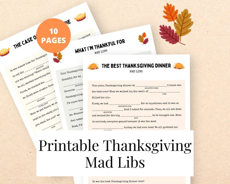 Thanksgiving Mad Libs, Printable Game, Mad Lib PDF, Turkey Story, Fill ...