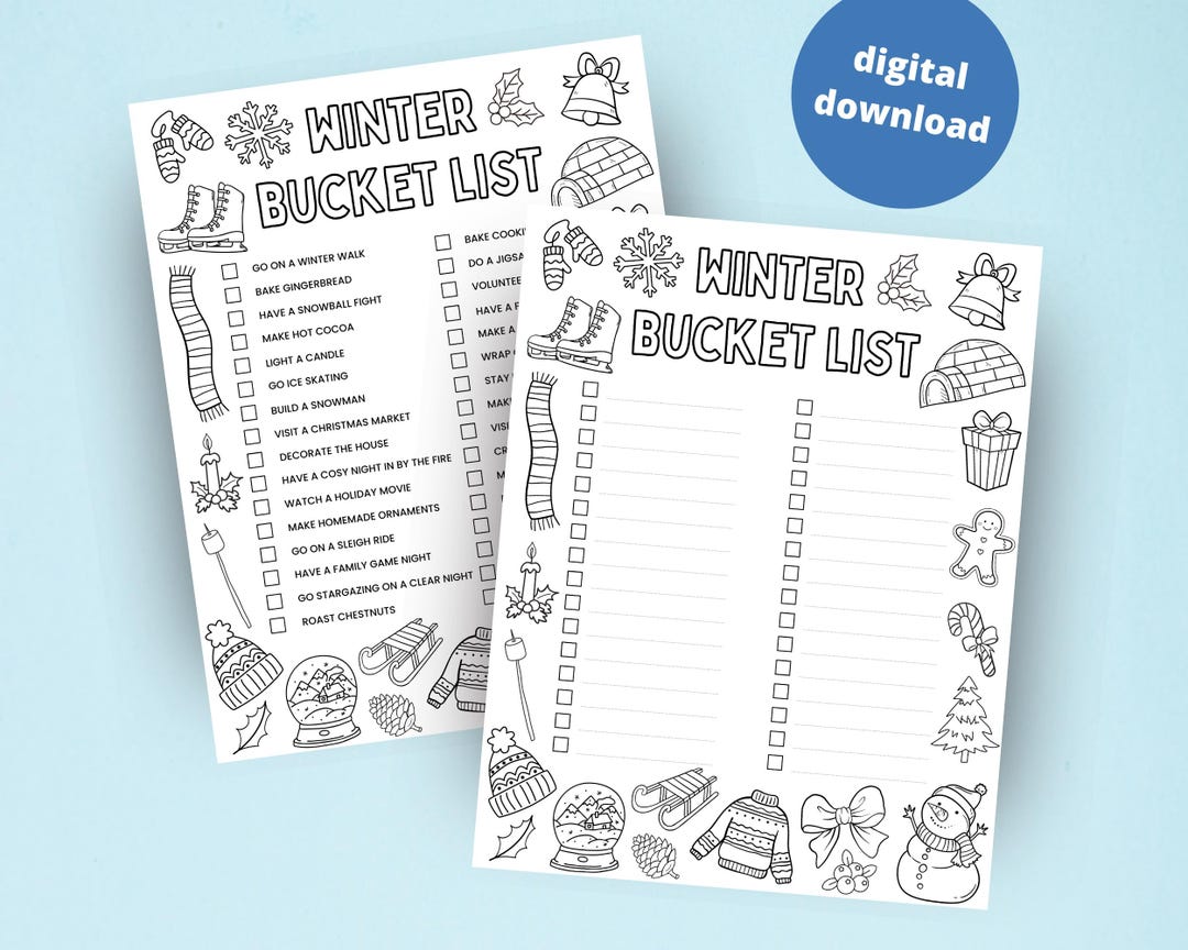 Winter Bucket List, Printable Winter Activities, Coloring Page ...