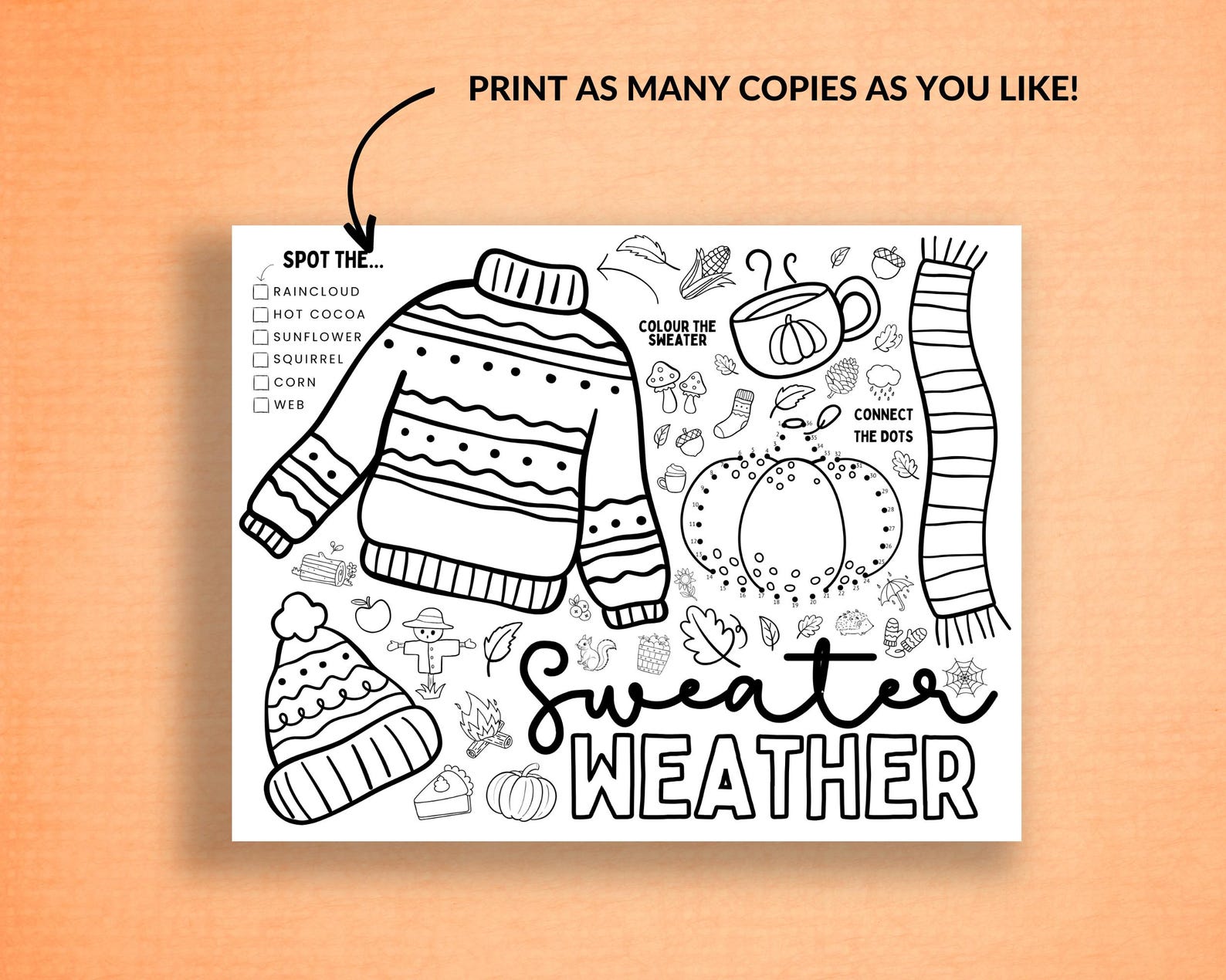 Fall Activity Placemat, Printable Coloring Sheet, Fall Activities for ...