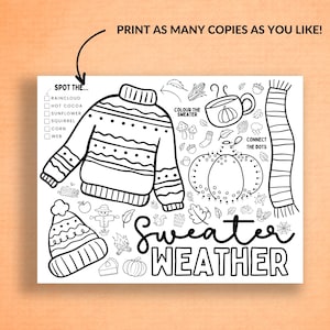 Fall Activity Placemat, Printable Coloring Sheet, Fall Activities for ...