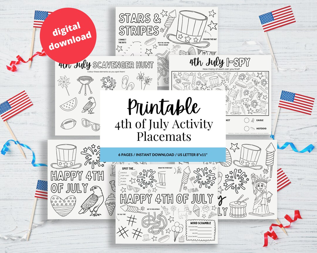 4th of July Activity Placemat for Kids, Independence Day Worksheet ...