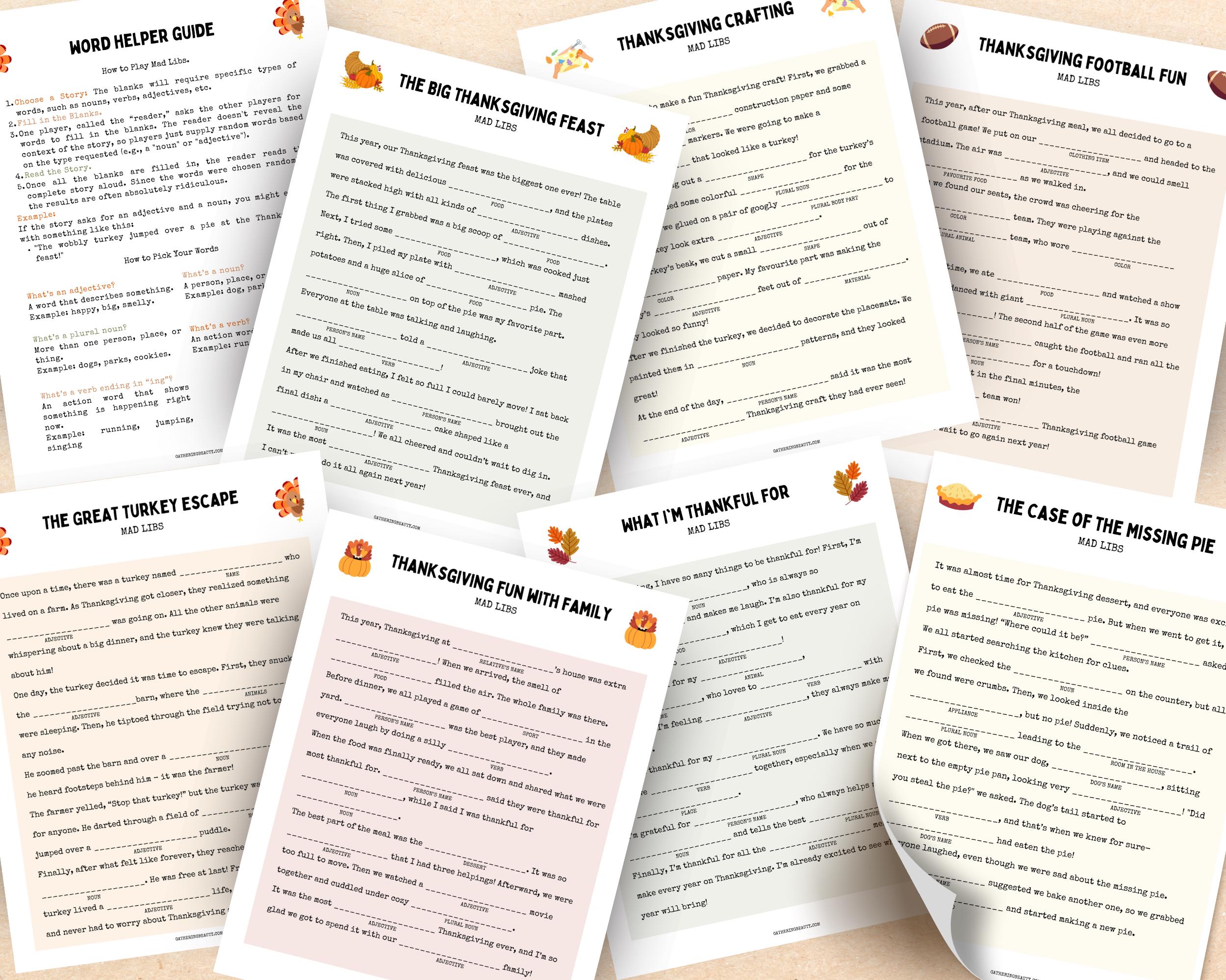 Thanksgiving Mad Libs, Printable Game, Mad Lib PDF, Turkey Story, Fill ...