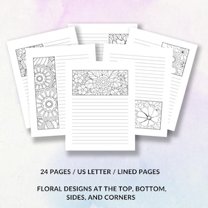 Colouring Journal Pages, Printable Lined Page, Floral Design ...