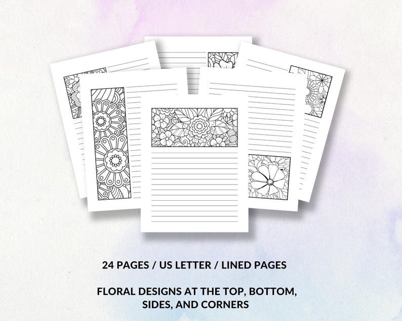 Colouring Journal Pages, Printable Lined Page, Floral Design ...