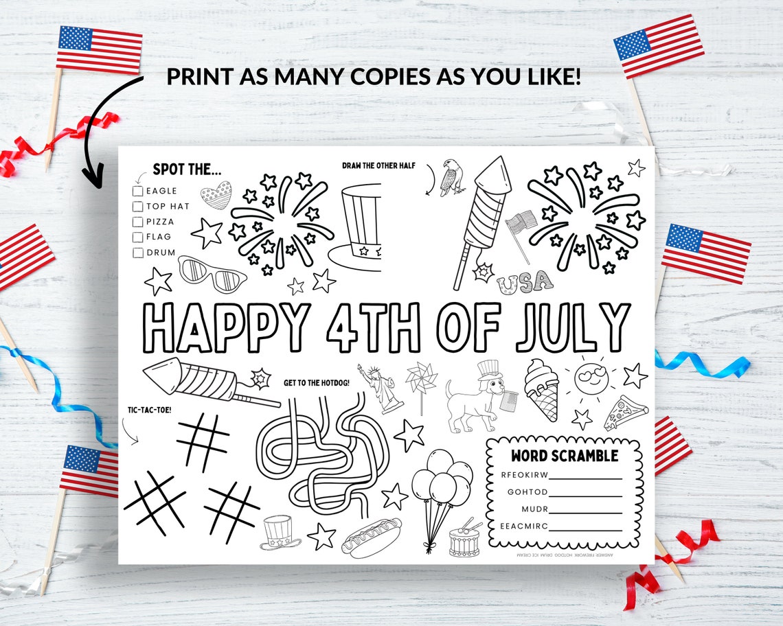 4th of July Activity Placemat for Kids, Independence Day Worksheet ...