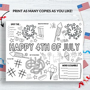 4th of July Activity Placemat for Kids, Independence Day Worksheet ...