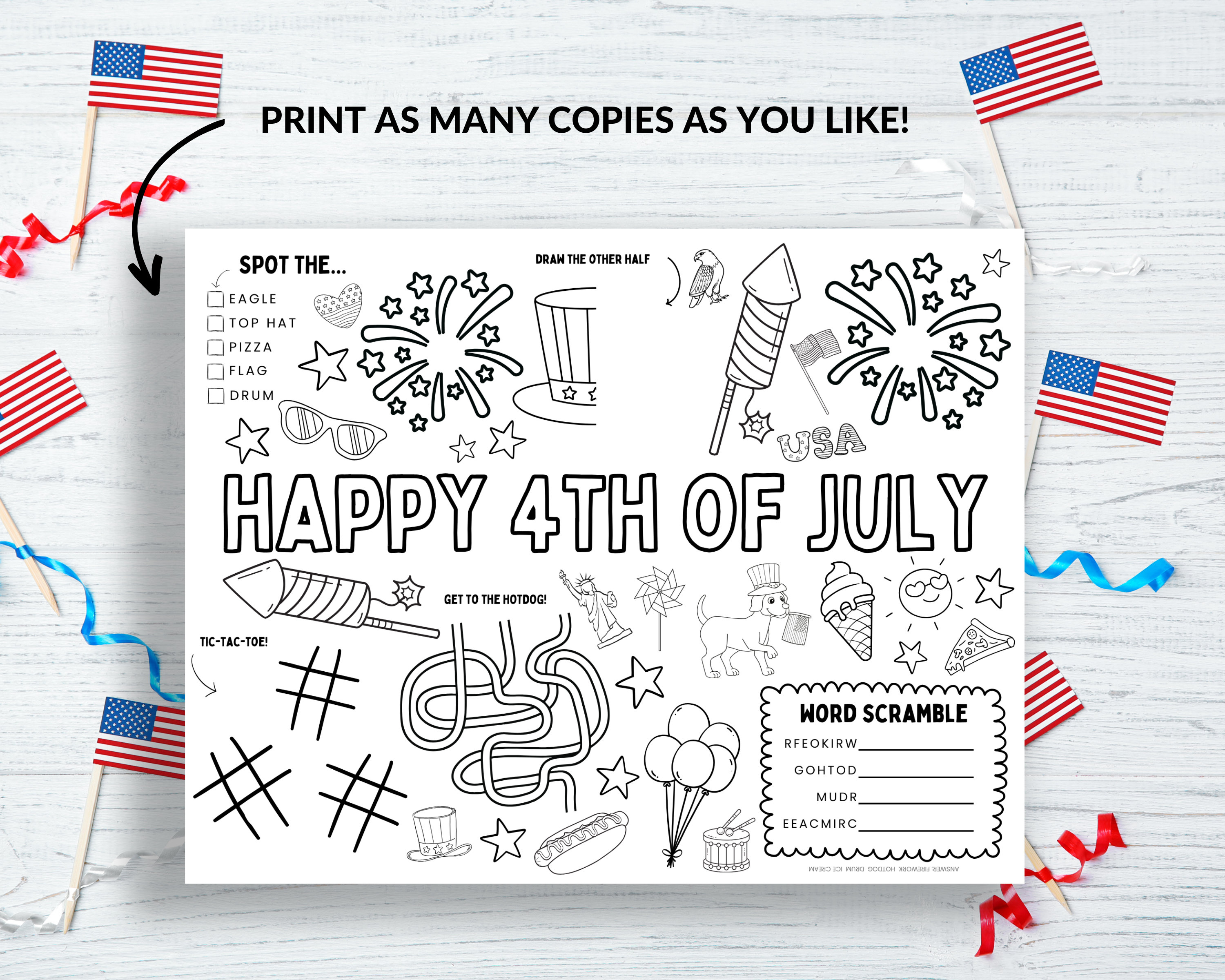 4th of July Activity Placemat for Kids, Independence Day Worksheet ...