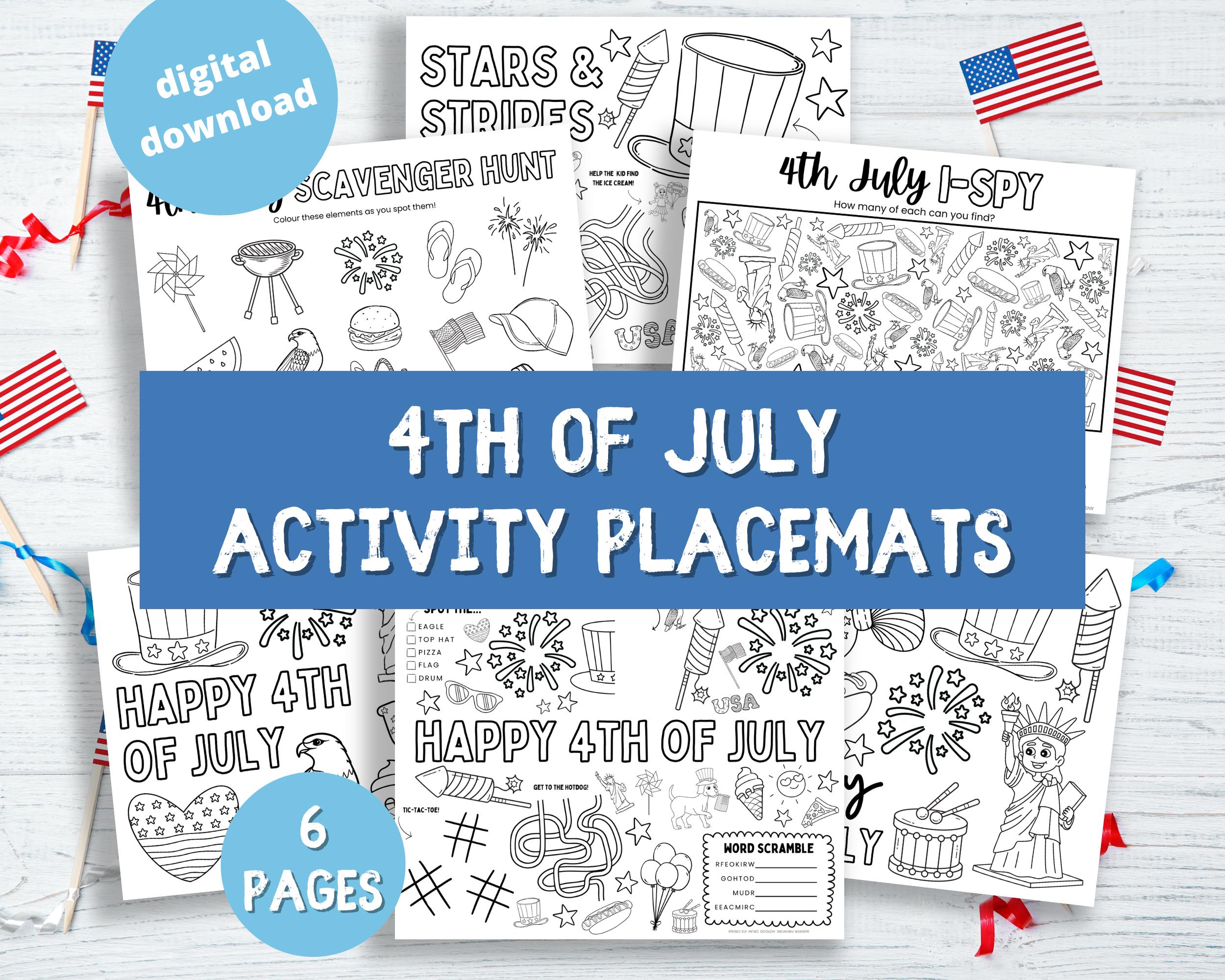4th of July Activity Placemat for Kids, Independence Day Worksheet ...