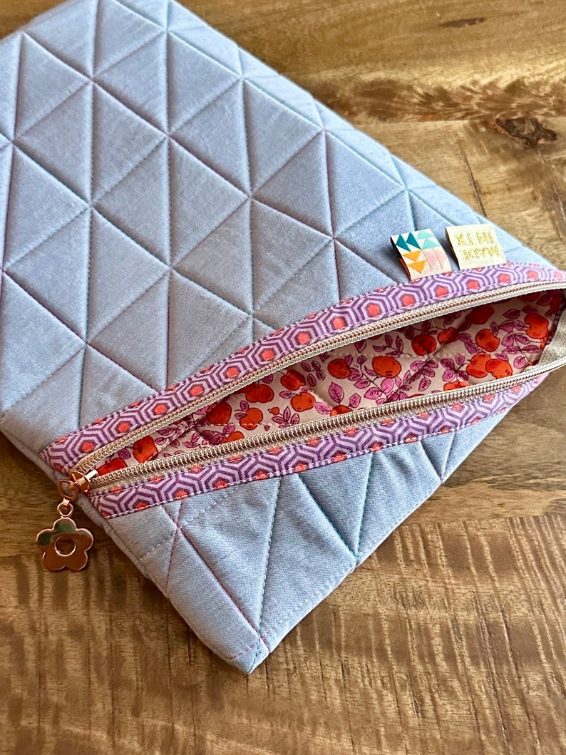 Chambray Denim Quilted Large Zippered Book Pouch, Hemingway Pouch iPad ...