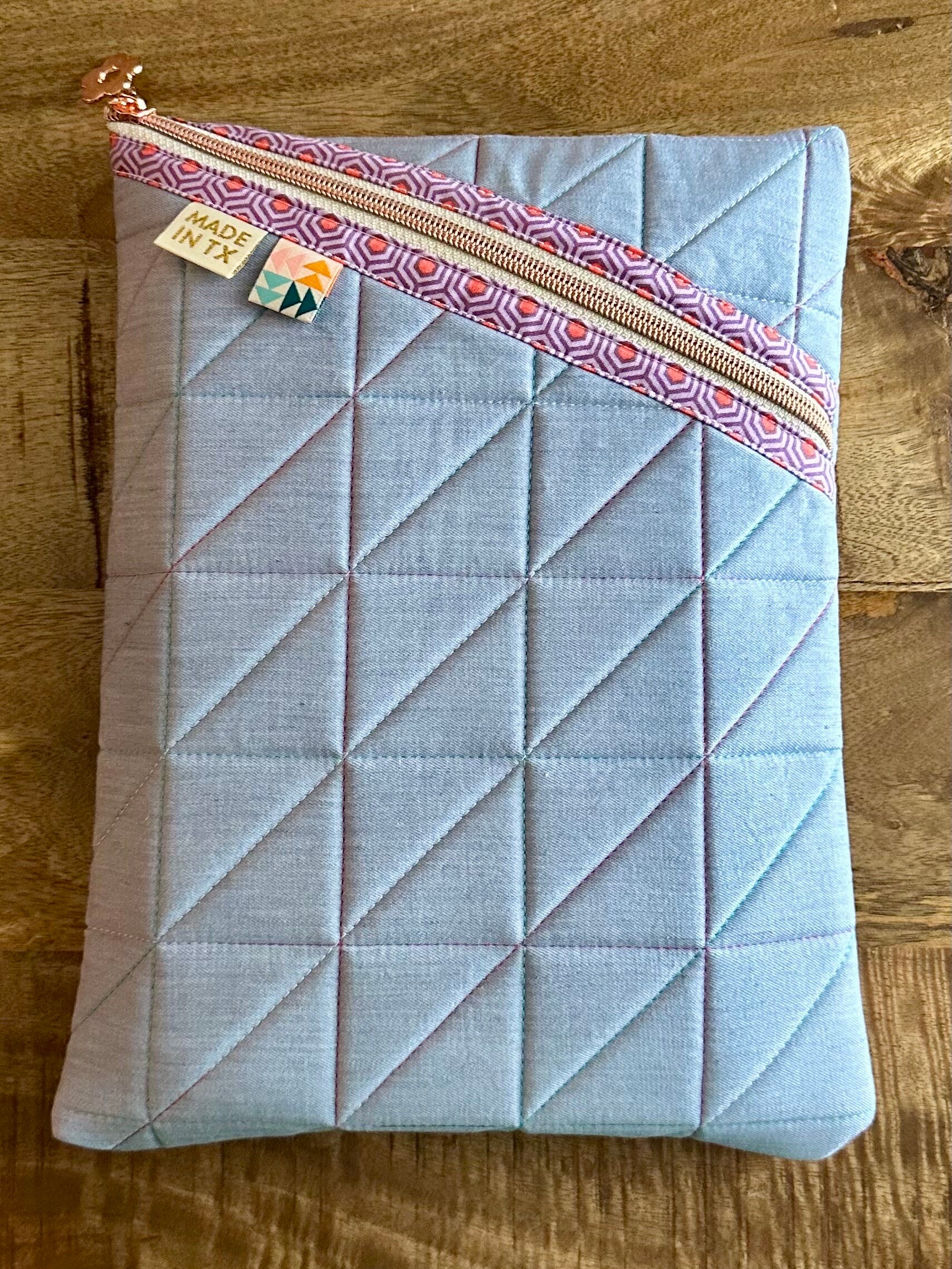 Chambray Denim Quilted Large Zippered Book Pouch, Hemingway Pouch iPad ...