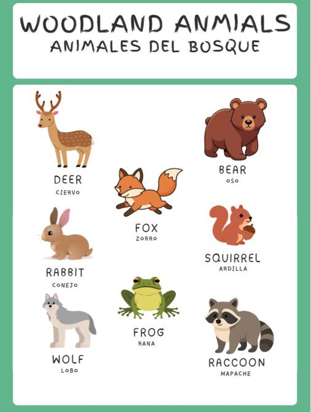 Woodland Animal Vocabulary Poster | English & Spanish | Forest Animals ...