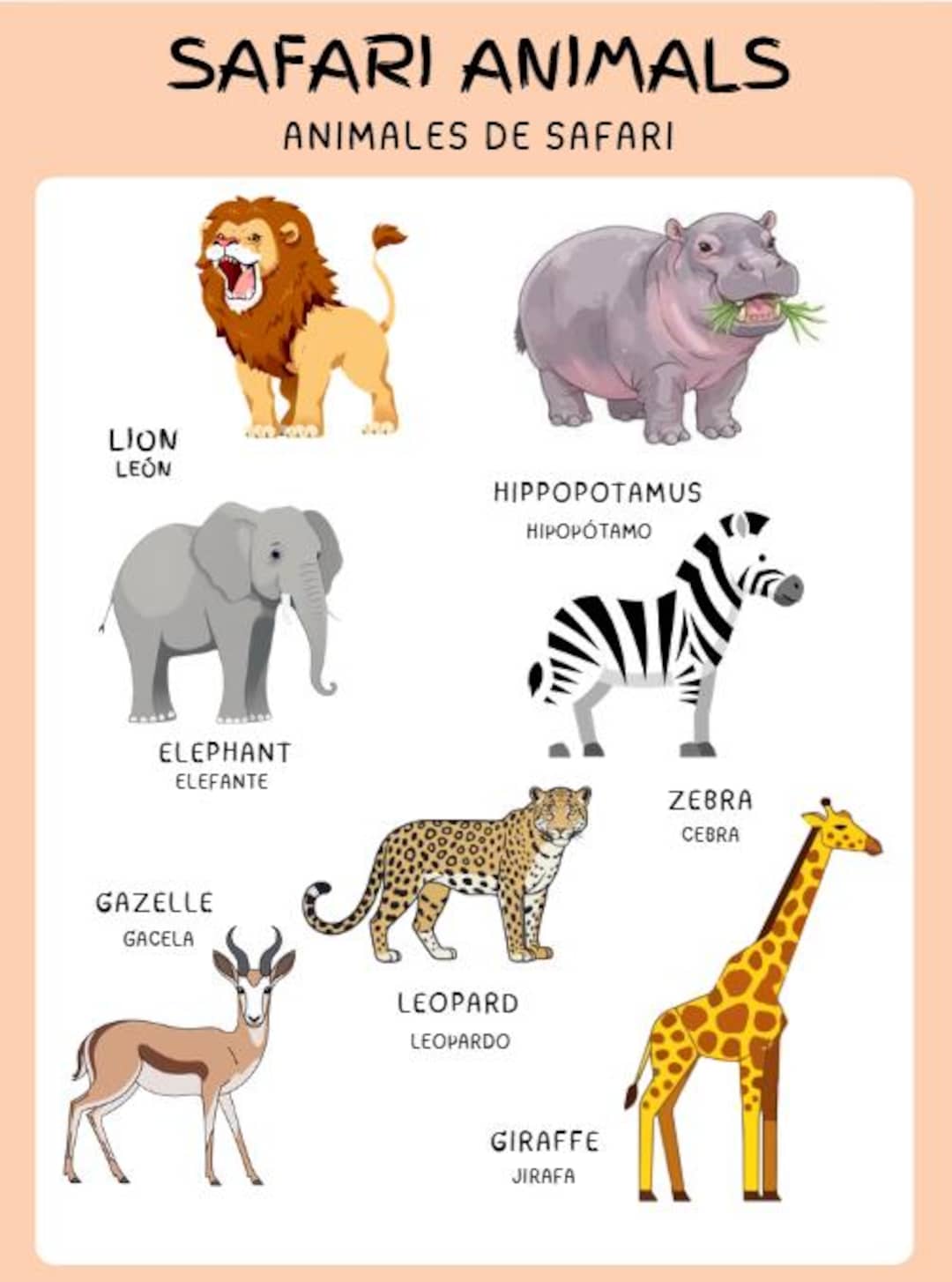 Safari Animals Vocabulary Poster- English & Spanish Printable ...