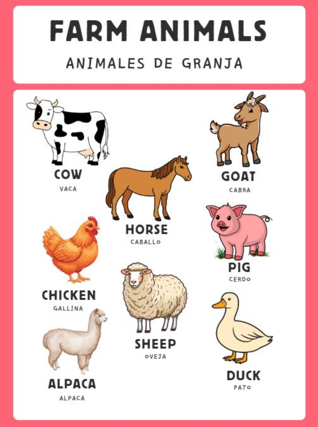 Farm Animals Vocabulary Poster | English & Spanish | Early Learning ...