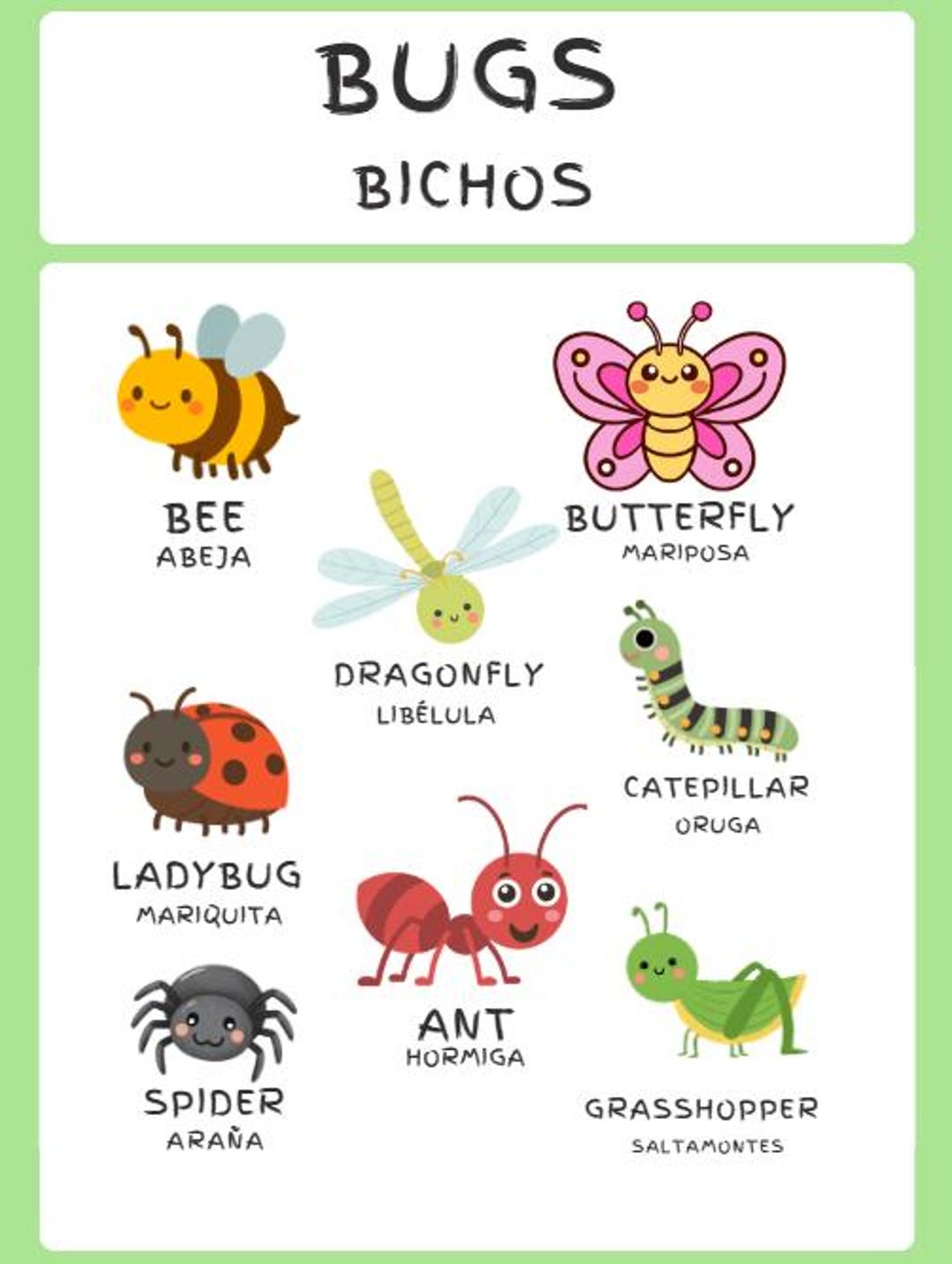 Bugs Vocabulary Poster | English Spanish Printable | Bilingual ...