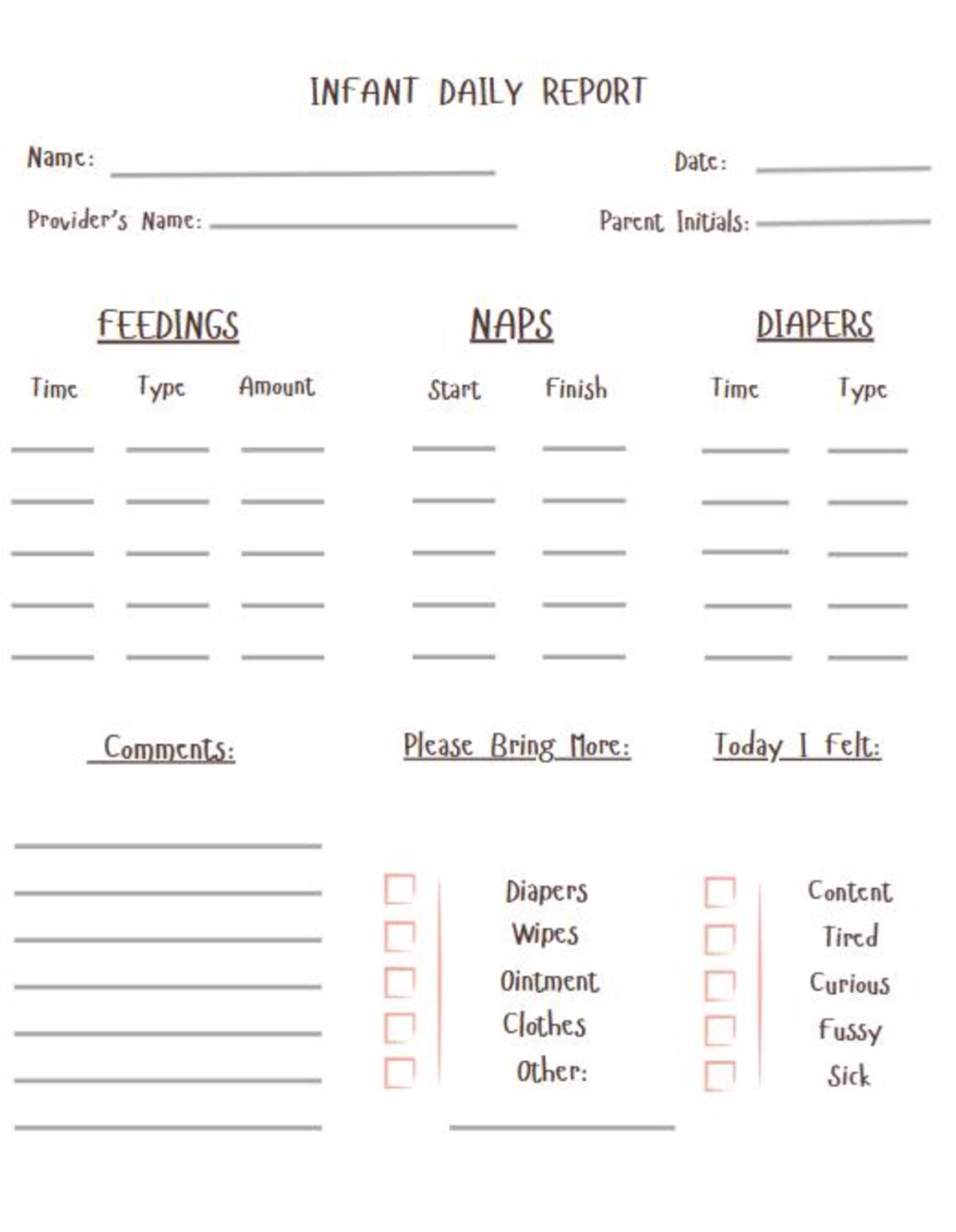 Infant Daily Report Printable- Daycare & Home Childcare | Feeding ...