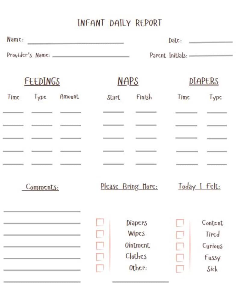 Infant Daily Report Printable- Daycare & Home Childcare | Feeding ...