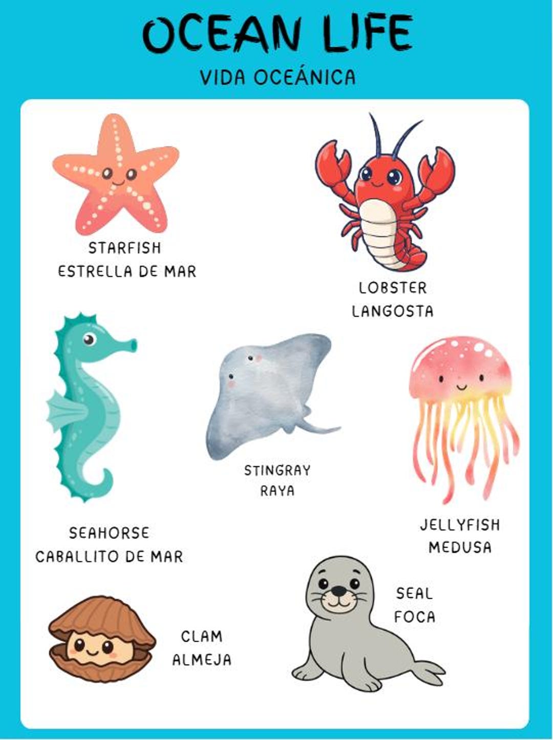 Ocean Life Vocabulary Poster Set | English & Spanish | Bilingual ...