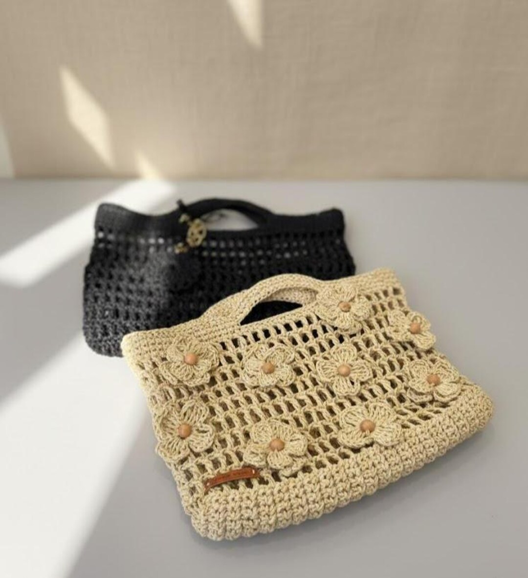 Handmade Paper Yarn Crochet Bag | Black Tote & Straw Flower Bag - Etsy