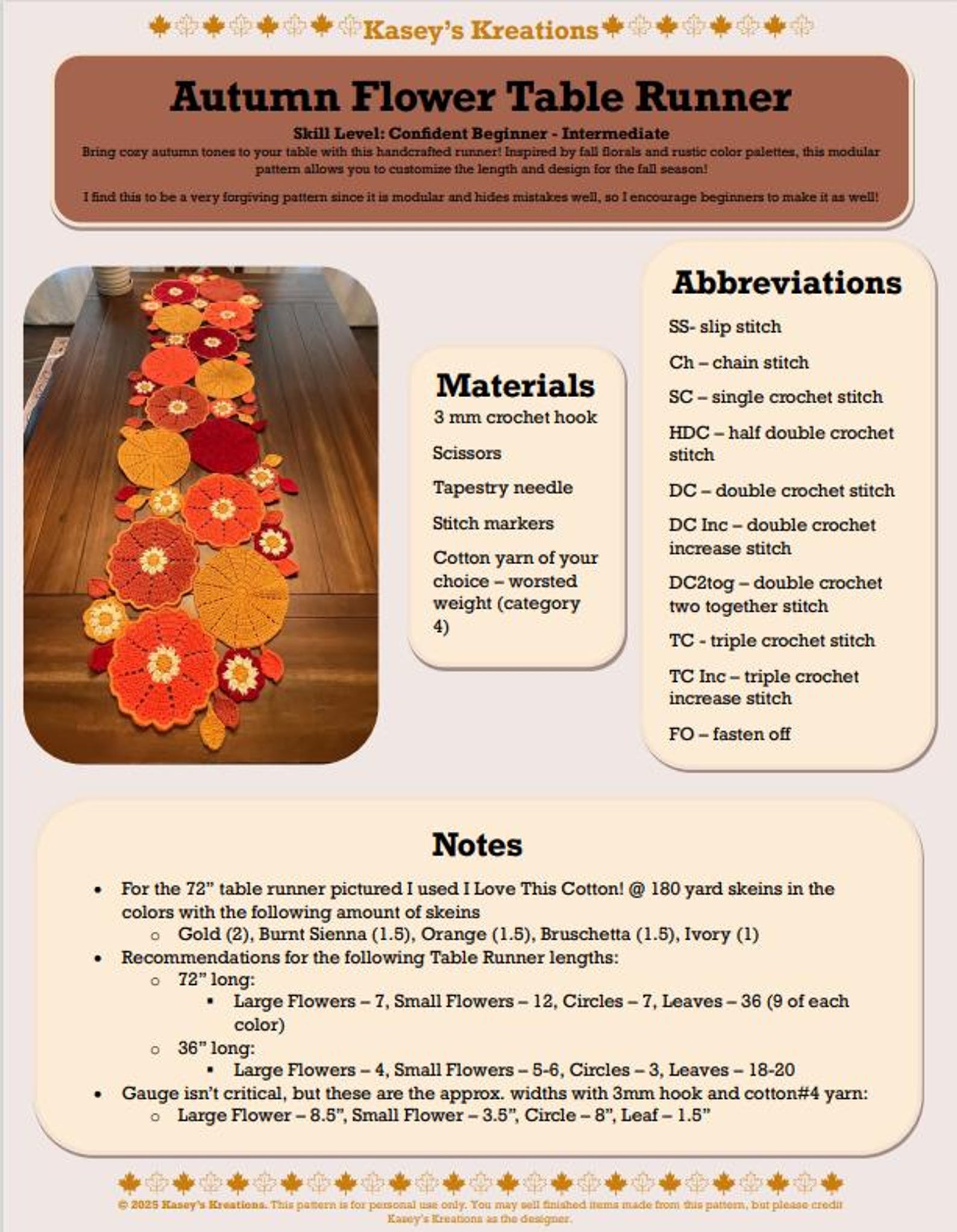 Autumn Flower Crochet Table Runner Pattern, Fall Floral Decor (PDF) - Etsy