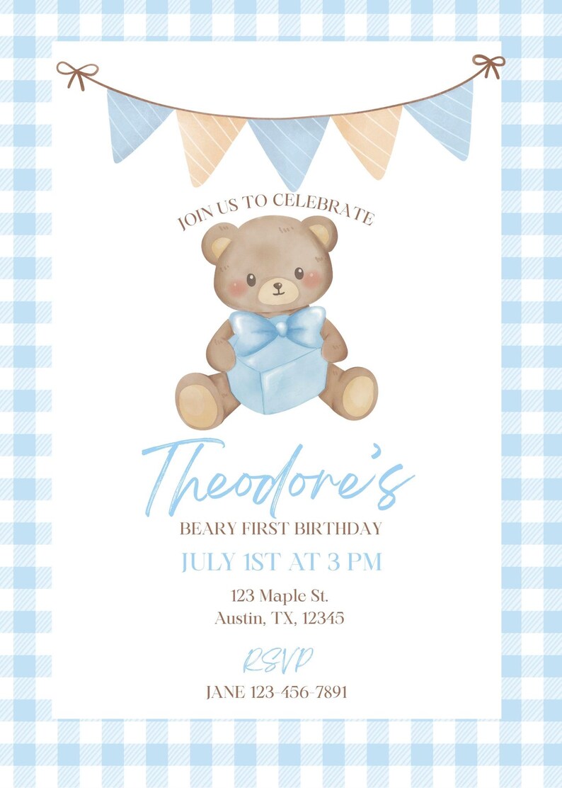 BEARY 1st Birthday Invitation - Digital Download - EDITABLE - Etsy