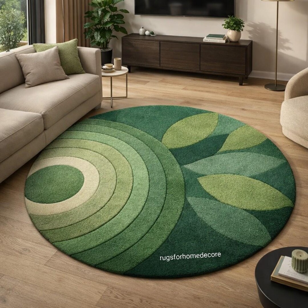 Forest Green Round Rug - Organic Leaf Design Hand Tufted Carpet - Soft ...