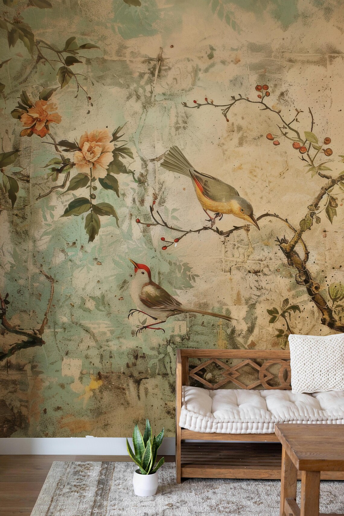 Vintage Chinoiserie Bird Wallpaper, Botanical Peel and Stick Wallpaper ...