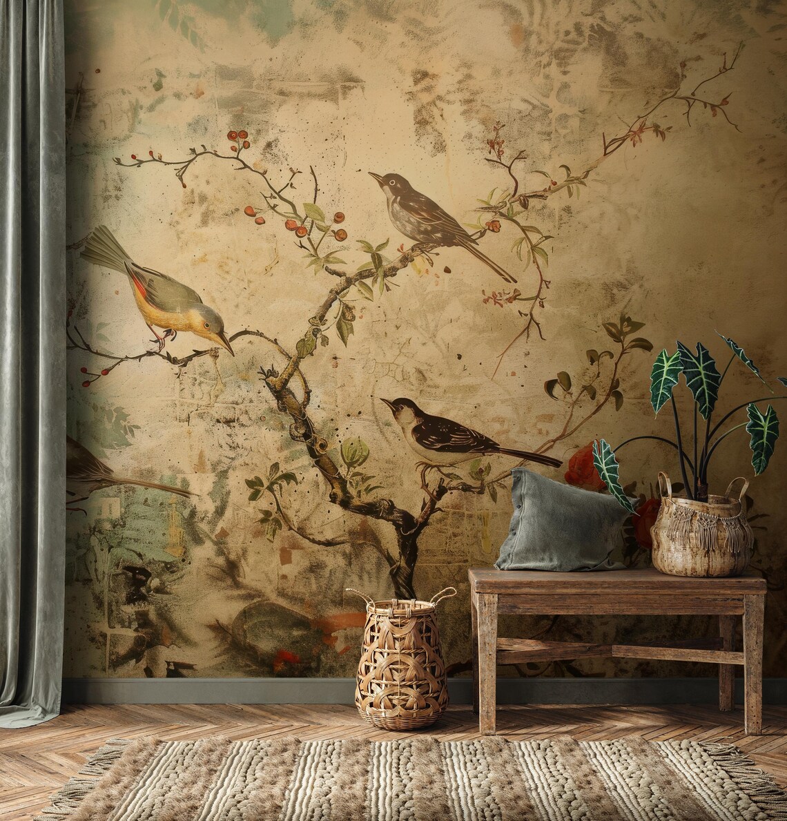 Vintage Chinoiserie Bird Wallpaper, Botanical Peel and Stick Wallpaper ...