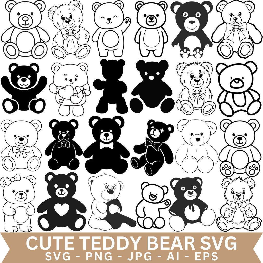 Teddy Bear SVG Clipart: Outline, Silhouette, Cut File (digital Download ...