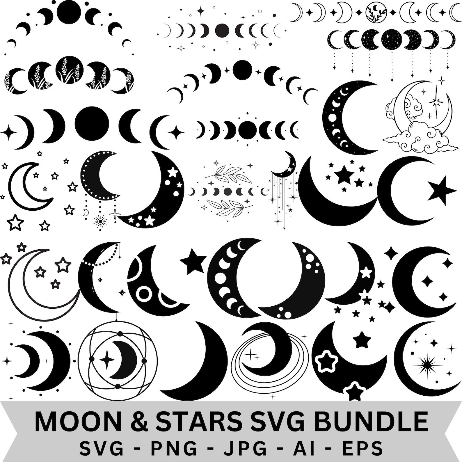 Moon and Stars SVG Bundle: Crescent, Floral, Night Sky (instant ...