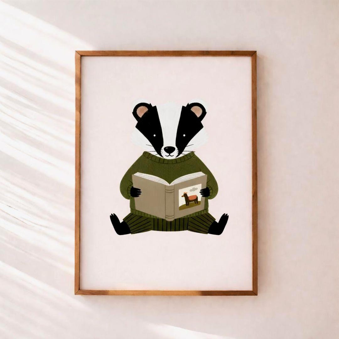 Printable Badger Wall Art for Kids Room | Cute Animal Reading Book ...