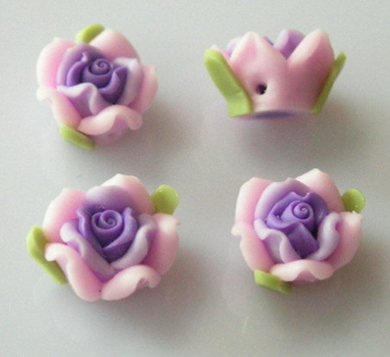 4pcs 16mm Beautiful Fimo Rose Flower Pink w/ Purple Centre | Etsy