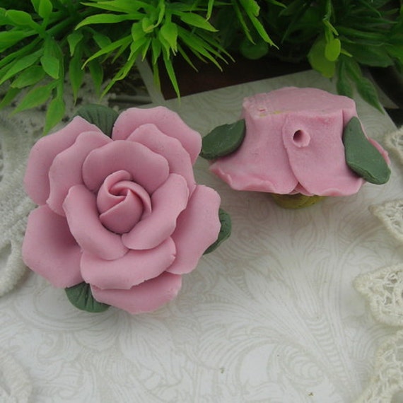 2pcs 34mm Big Rose Ceramic Rose Flower Pink