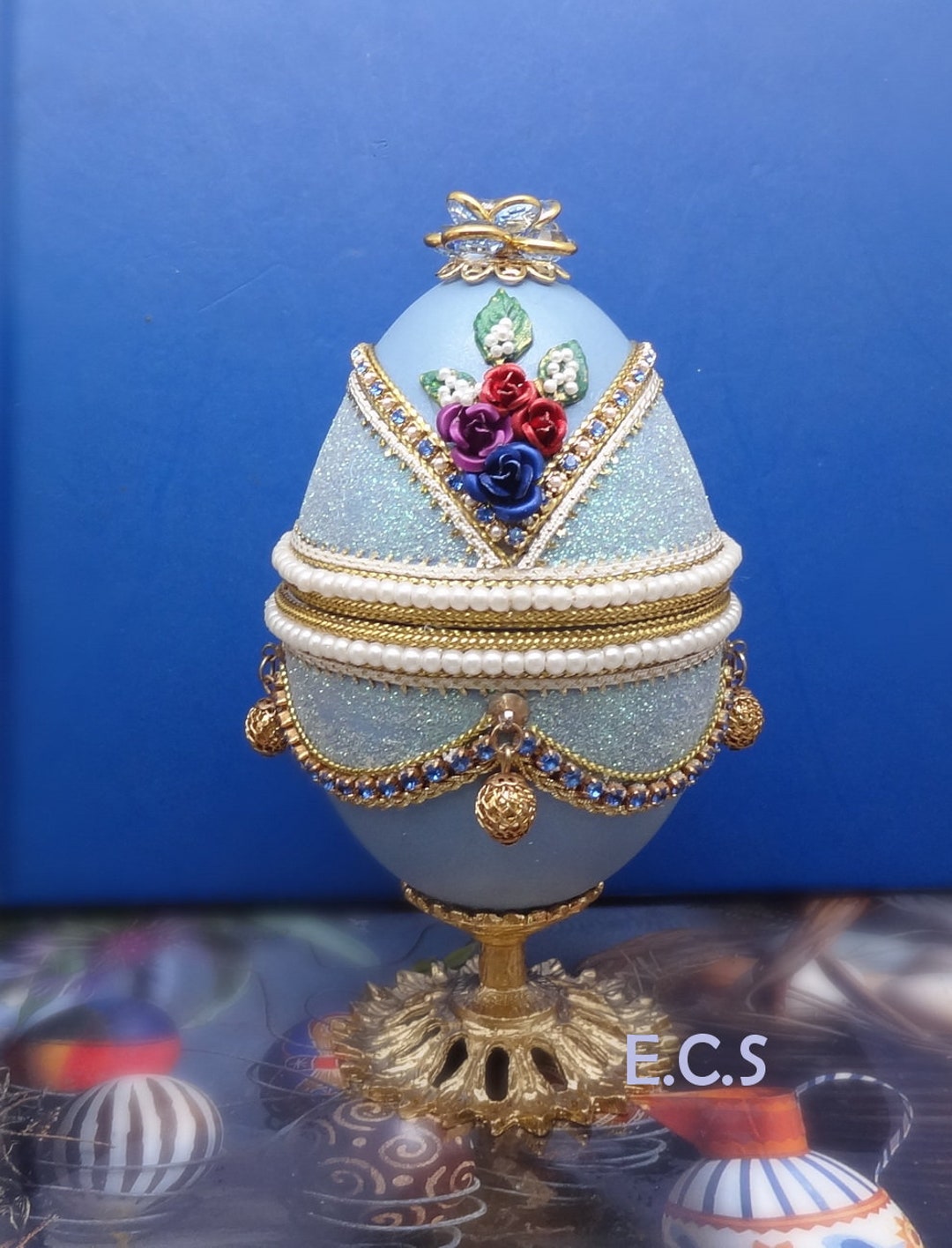 1 Pc Decorated Goose Egg Elegance Jewelry Box,lt Blue Satin,swarovski ...