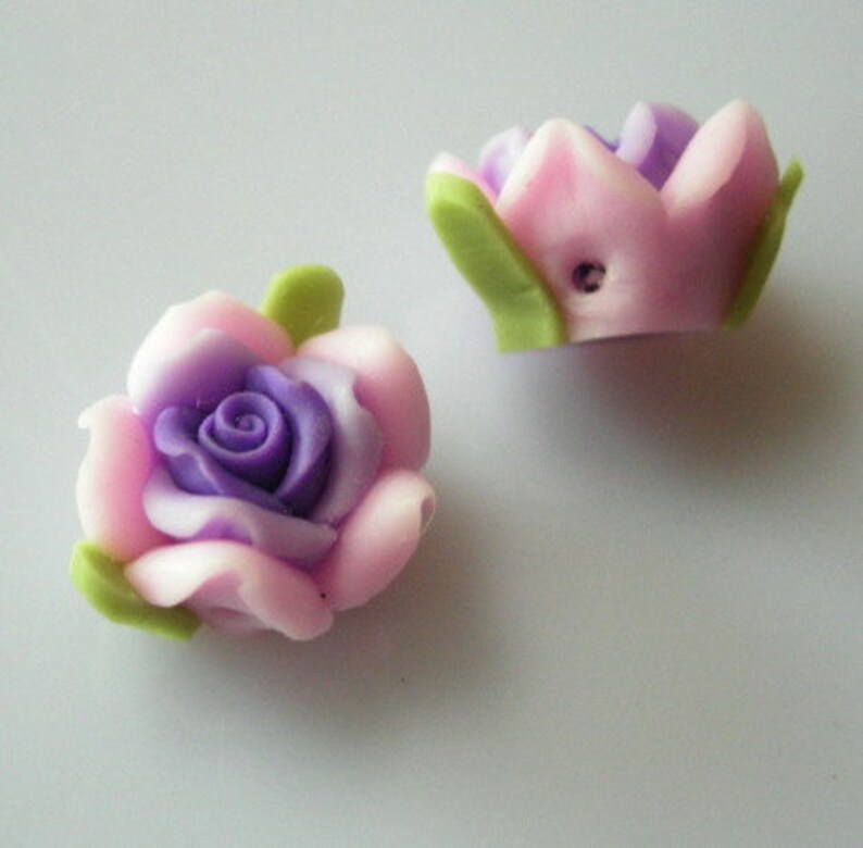 4pcs 16mm Beautiful Fimo Rose Flower Pink w/ Purple Centre | Etsy